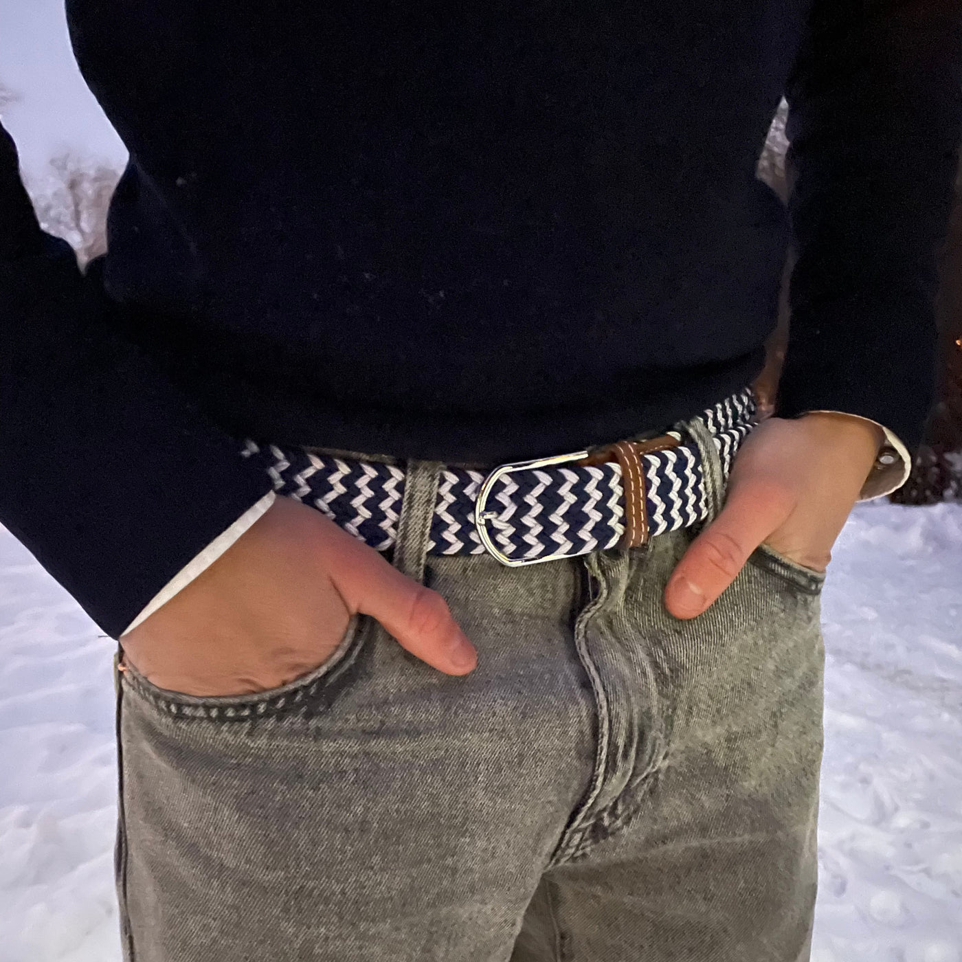 Flätat "Grisch” Skärp - Mörkblå & Vit